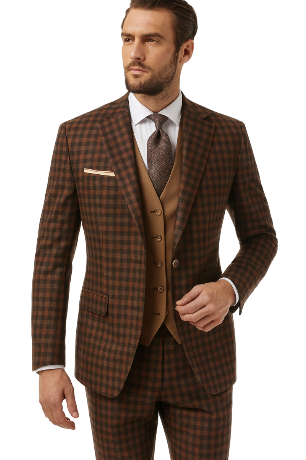 light brown patterned suit