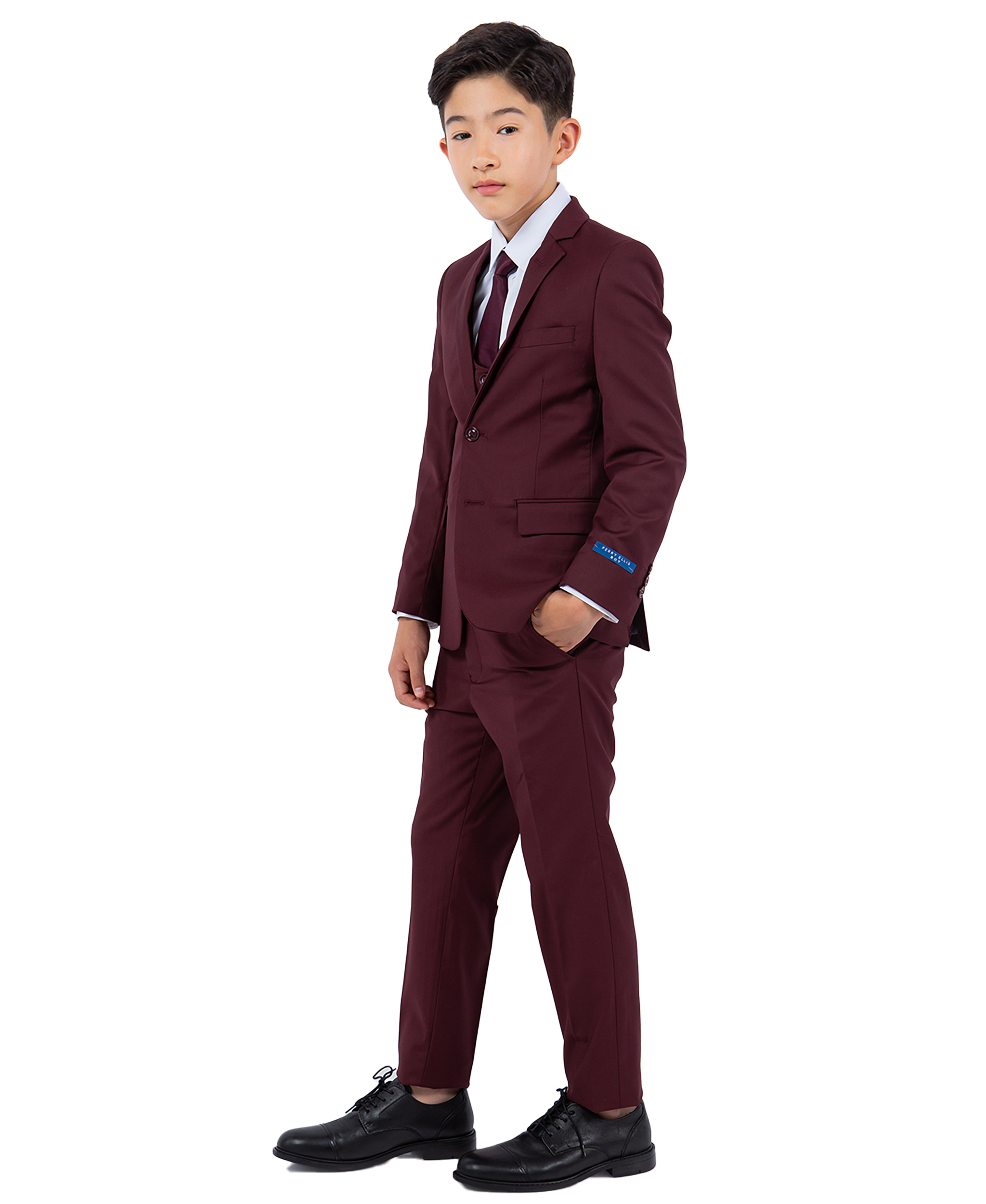 Perry Ellis Slim Fit Boys Suit 5-Piece Set (Sizes 2-20), Burgundy